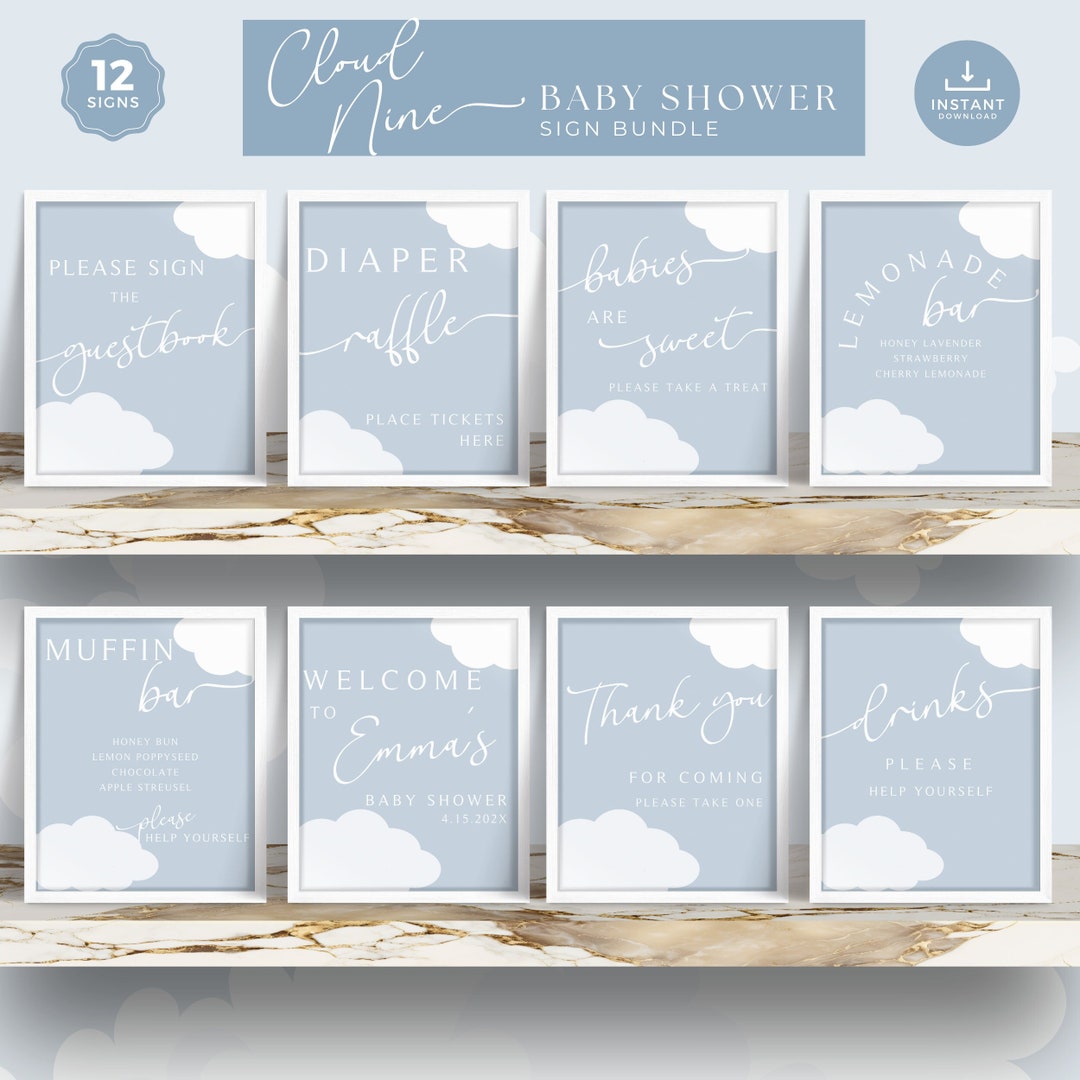 On Cloud Nine Baby Shower Signs, Cloud 9, Baby Shower Sign Bundle ...