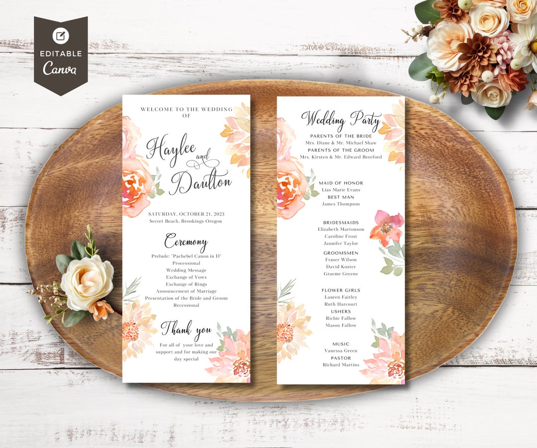 Dahlia Floral Wedding Program Template: Slim, DIY Printable (canva) - Etsy