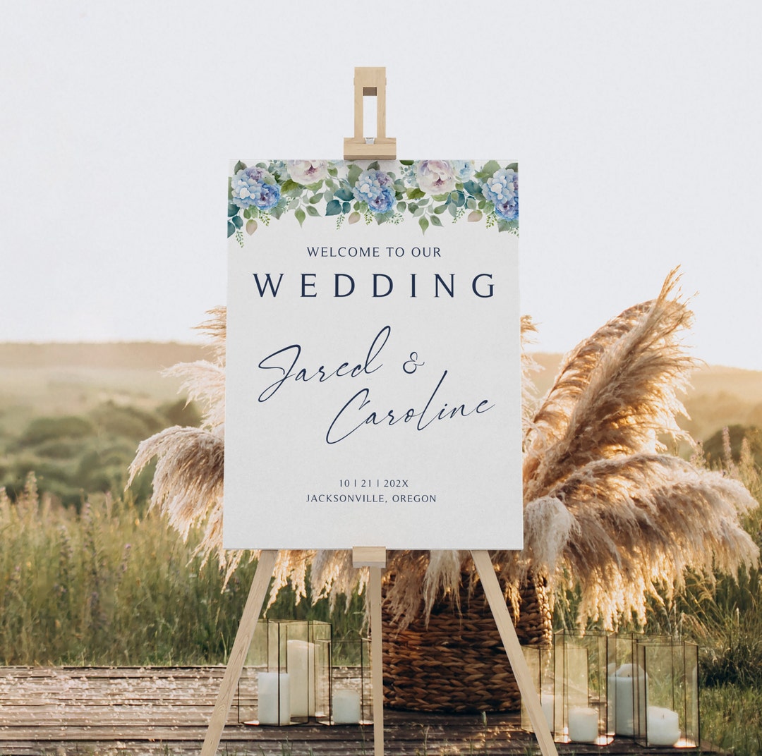 Blue Hydrangea Wedding Welcome Sign: Elegant Script (digital Download) - Etsy