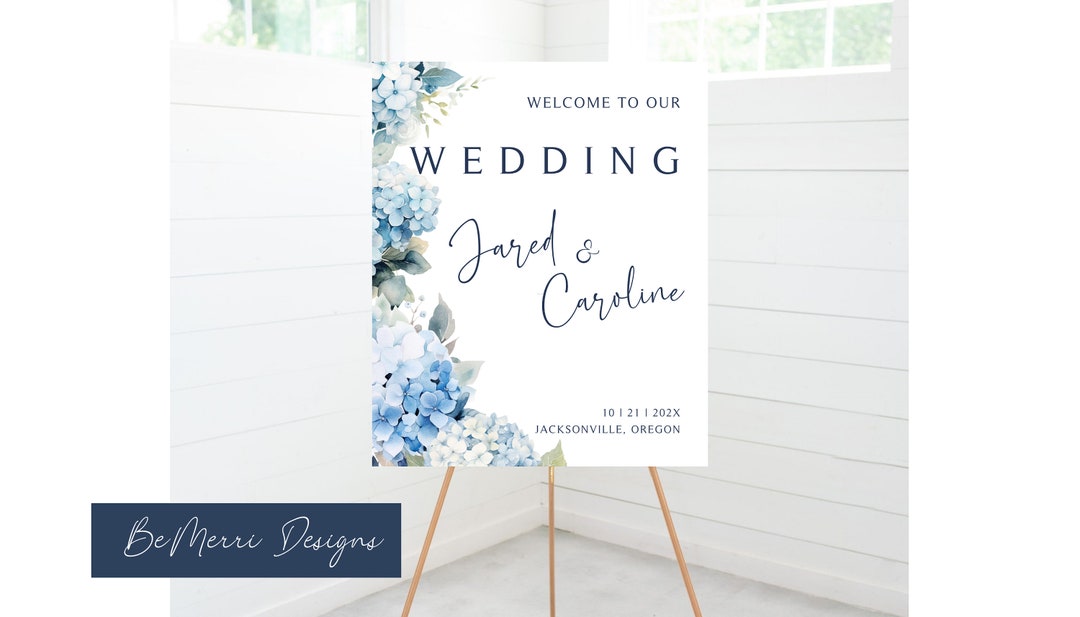 Blue Hydrangea Wedding Welcome Sign: Elegant Script (digital Download ...