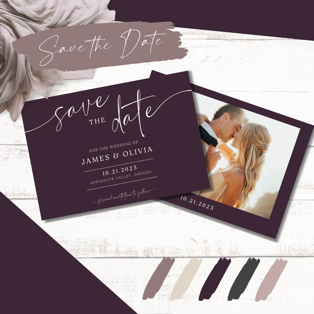 Plum Wedding Save the Date Template: Minimalist Photo Card (digital ...