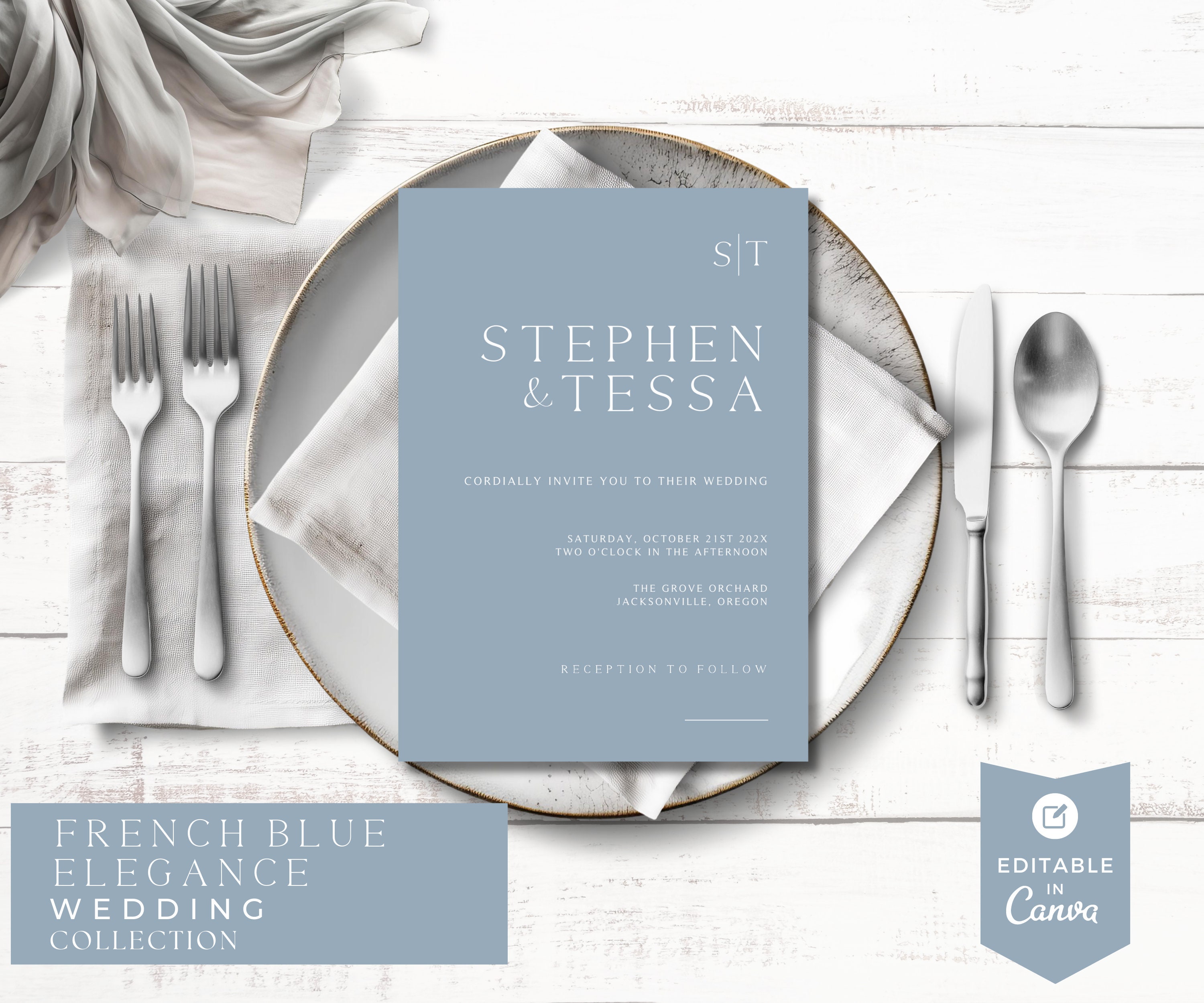 Dusty Blue Formal Wedding Invitation Invite With Photo - Etsy