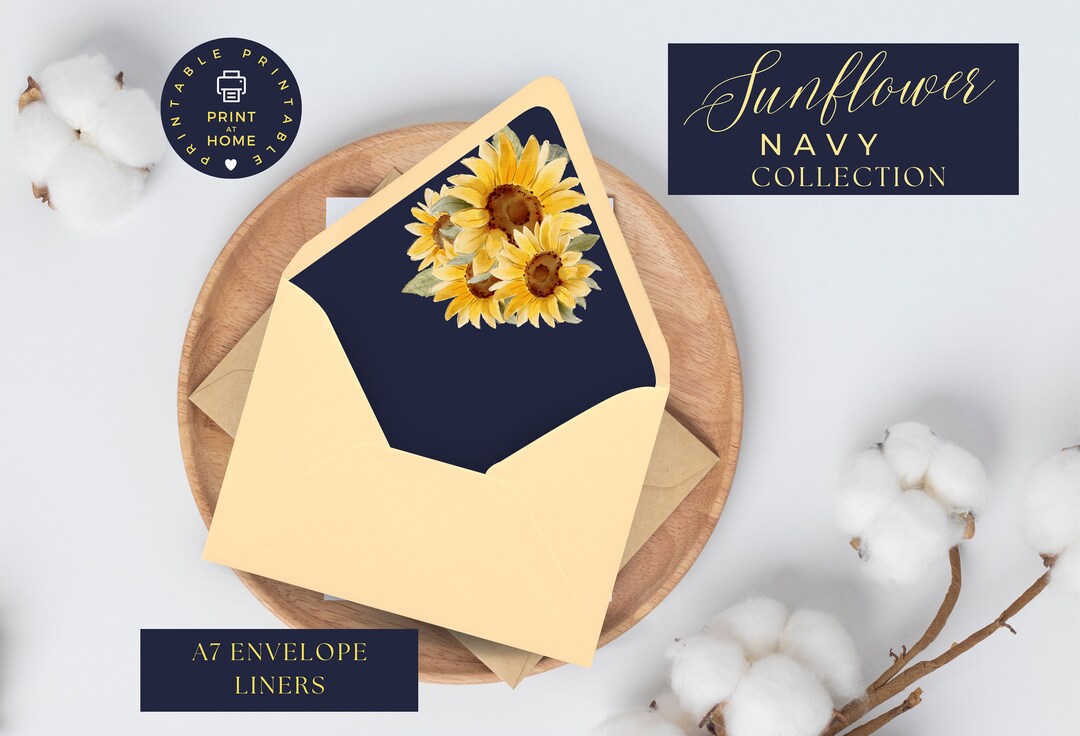Sunflower Envelope Liners Wedding, NAVY SUNFLOWER Wedding, A7 and A7 ...