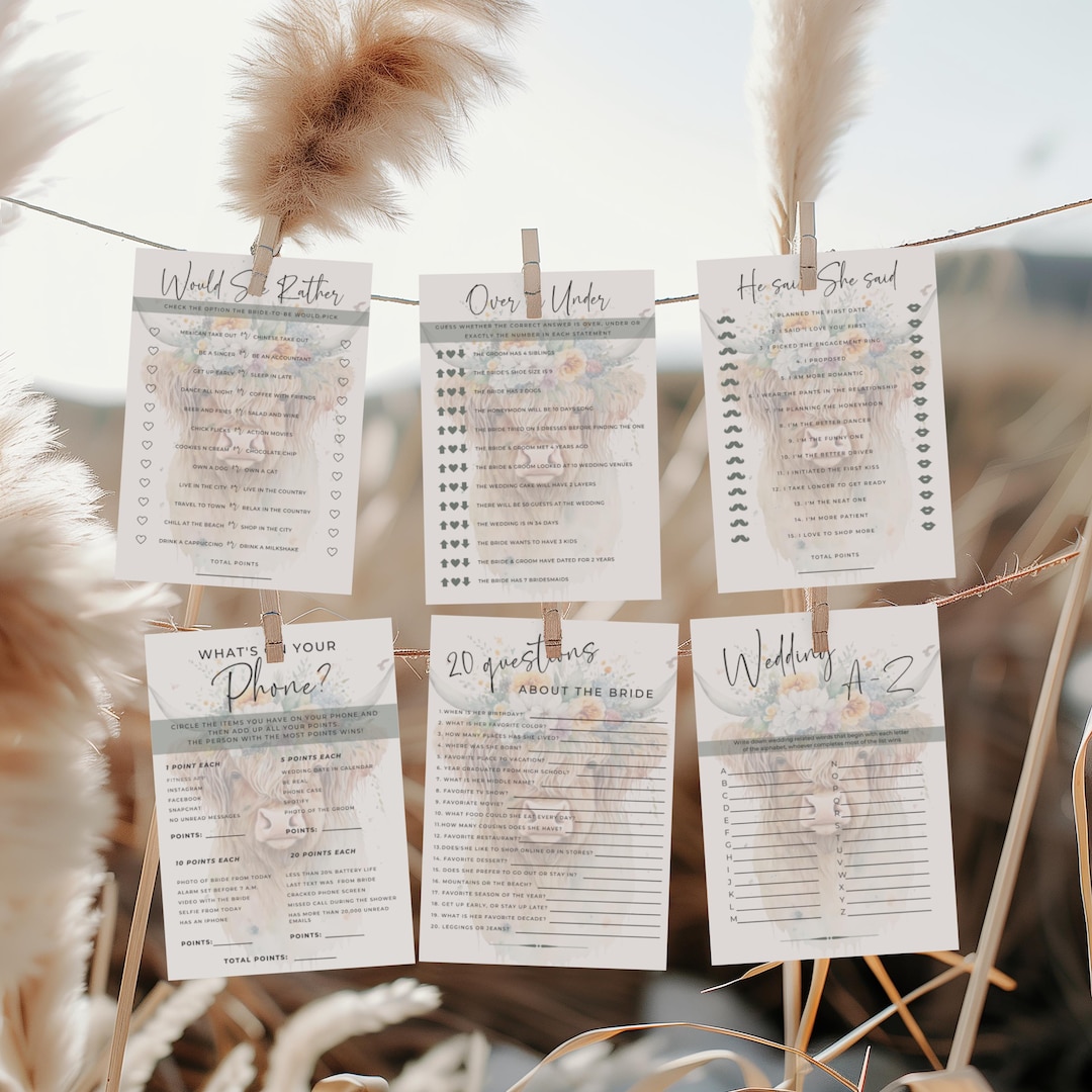 Highland Cow Bridal Shower Games: Boho Wedding Bundle (editable Canva ...