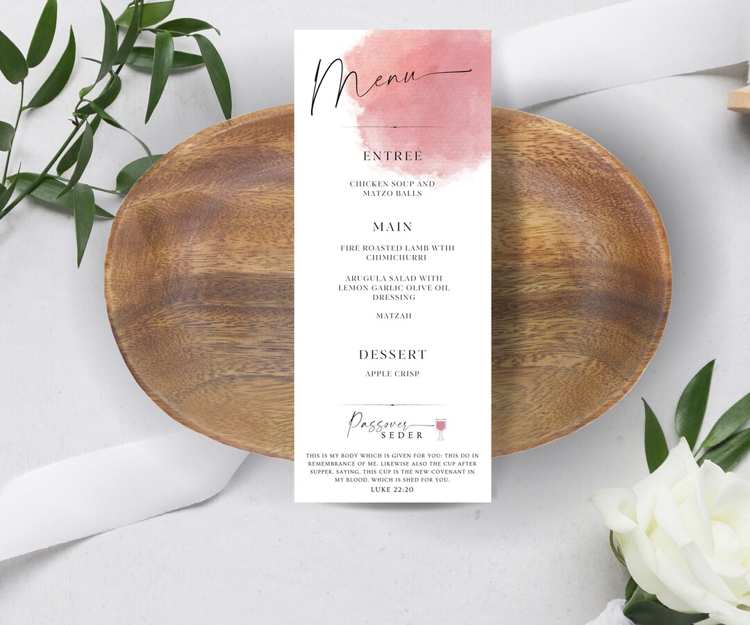 PASSOVER Menu Template, MESSIANIC PASSOVER Dinner Menu, Printable ...