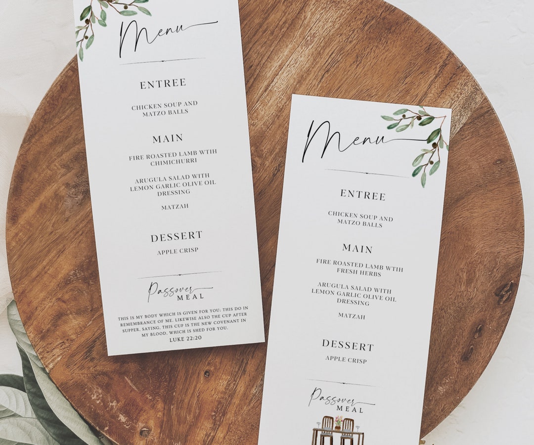 PASSOVER Menu Template, MESSIANIC PASSOVER Dinner Menu, Printable ...