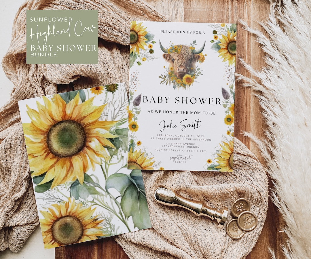 Highland Cow Sunflower Baby Shower Invitation: Editable Canva Template ...