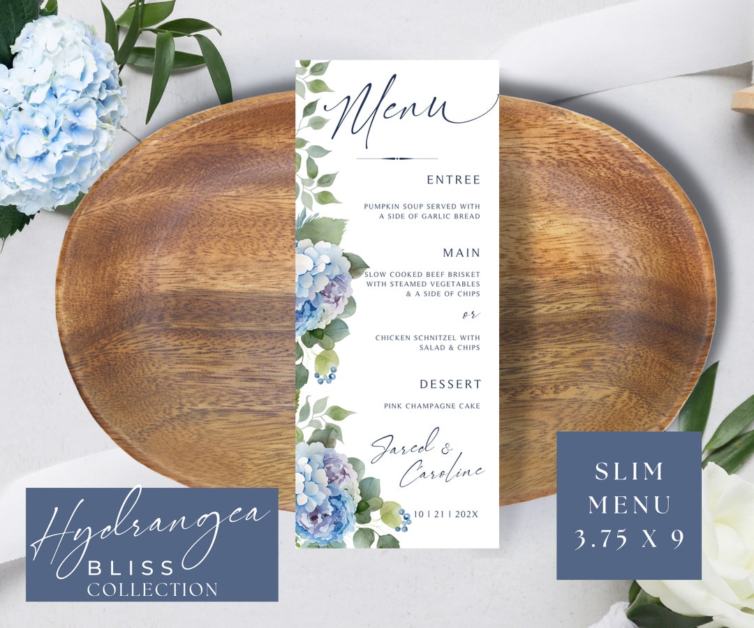 Blue Hydrangea Wedding Menu Template: Editable Floral Design (digital ...