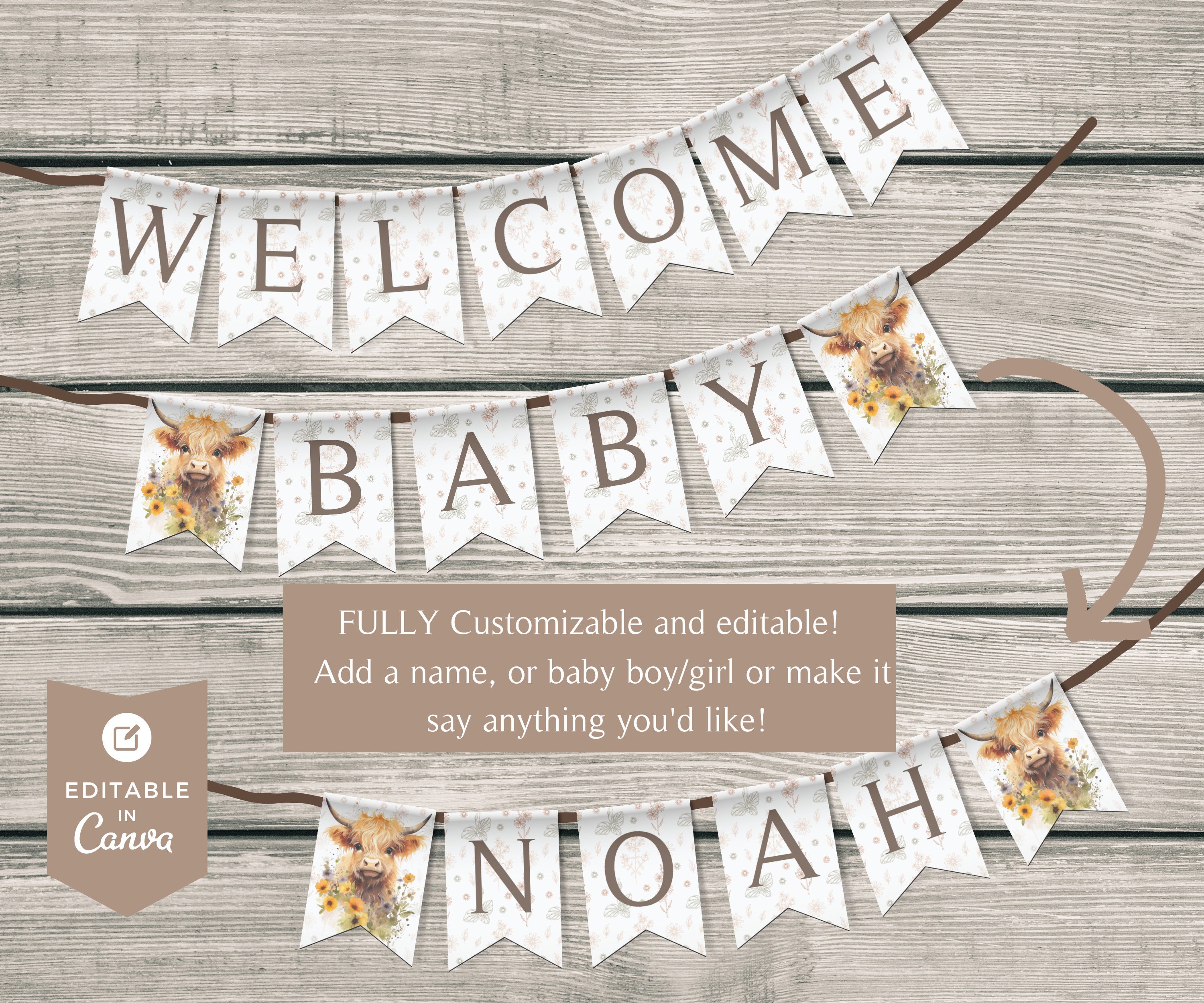 Highland Cow Baby Shower Banner Template Boho Baby Shower - Etsy