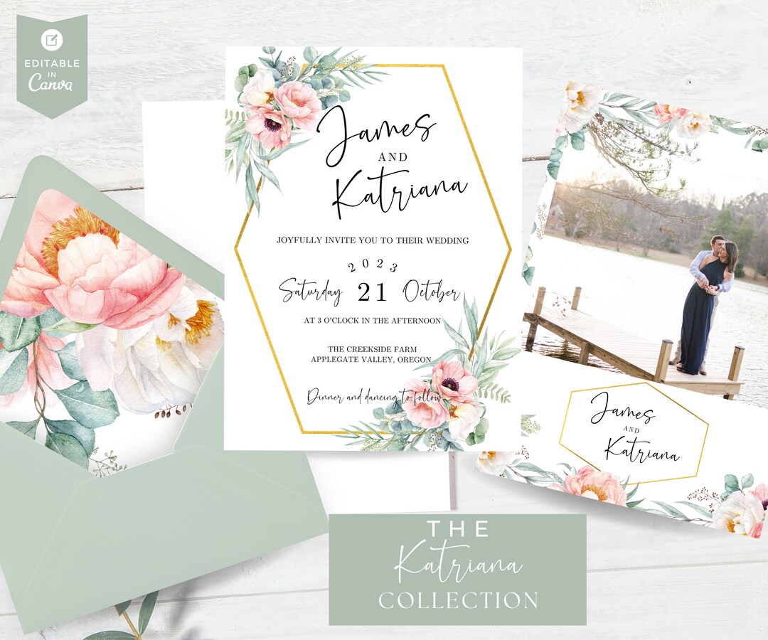 Sage Green and Blush Wedding Invitations, Greenery, Floral Hexagon ...
