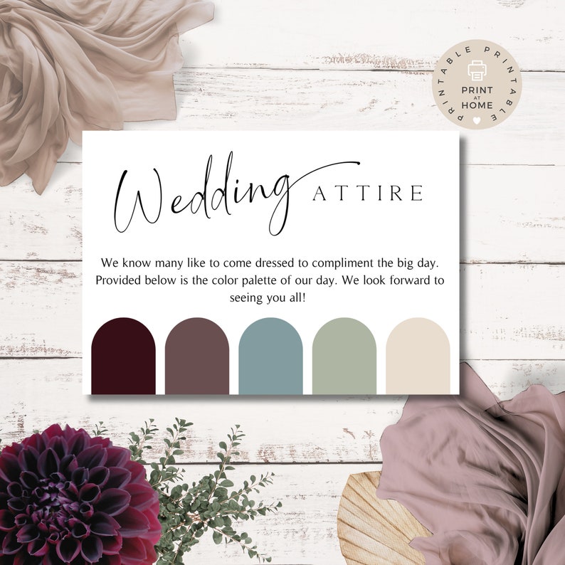 Wedding Attire Color Palette Card, Editable Printable, Guest Dress Code ...