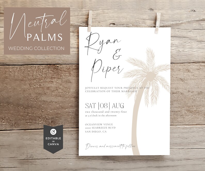 Palm Tree Wedding Invitation, Destination Wedding Invitation, Neutral ...