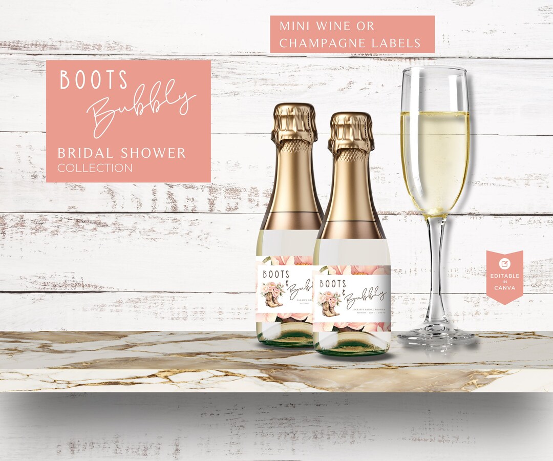 Boots and Bubbly Mini Wine Label, Bridal Shower Party Favors, Printable ...