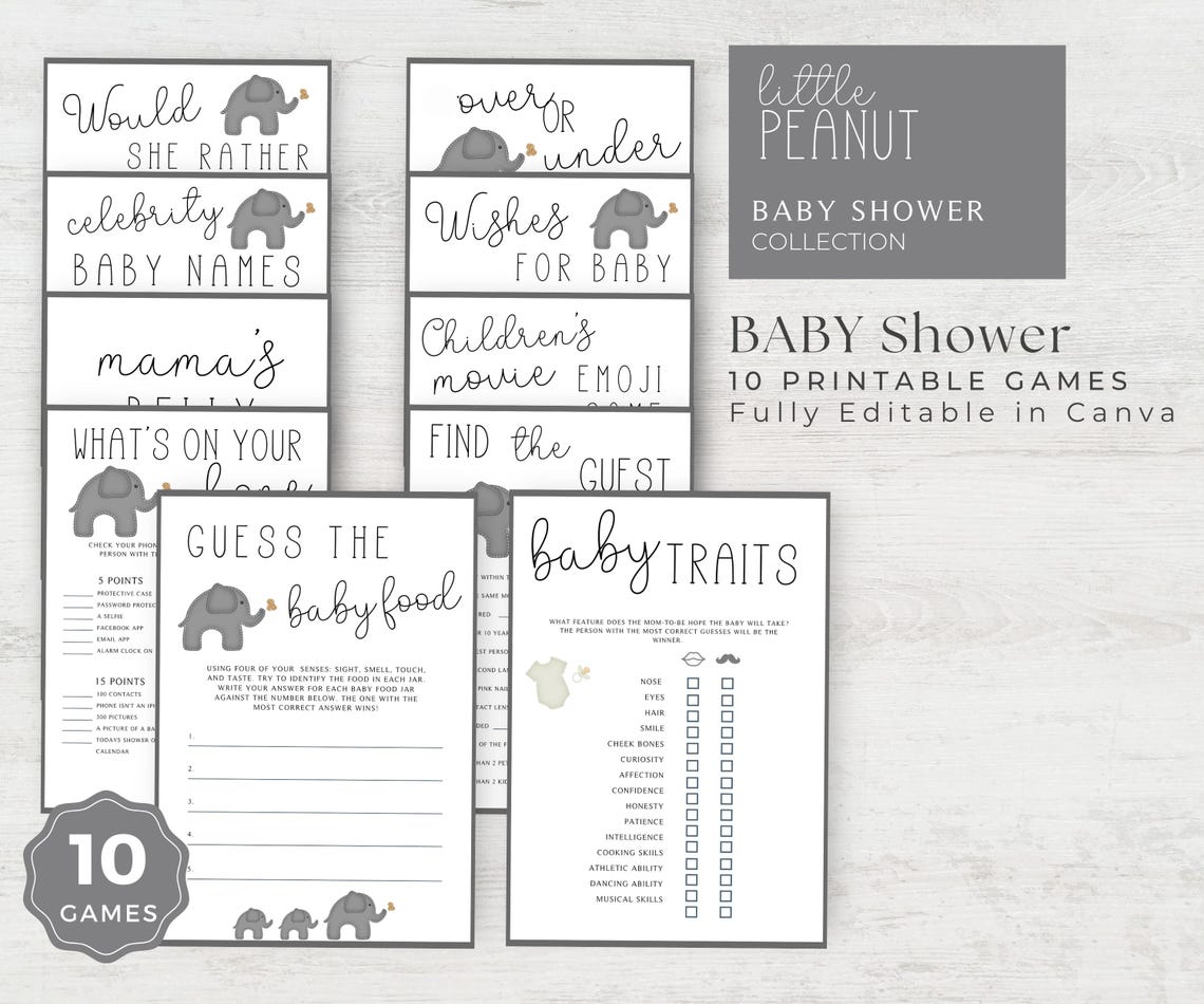 Elephant Baby Shower Games: Peanut Theme, Printable, Editable Canva ...