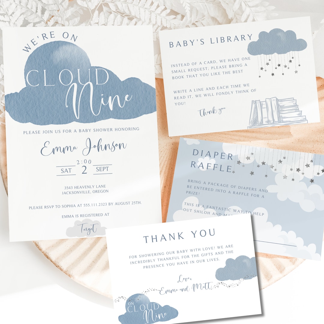 On Cloud Nine Baby Shower Invitation, Canva Template, Cloud 9, Blue ...