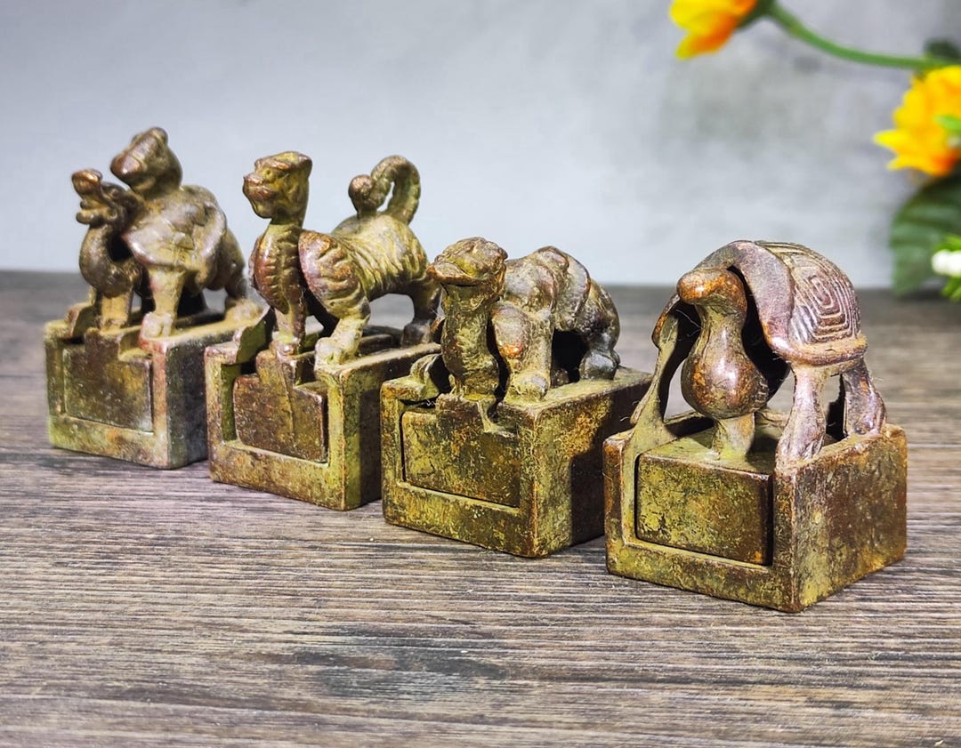 Vintage Bronze Four Sacred Beasts Seal: Feng Shui Tea Pet Statue - Etsy