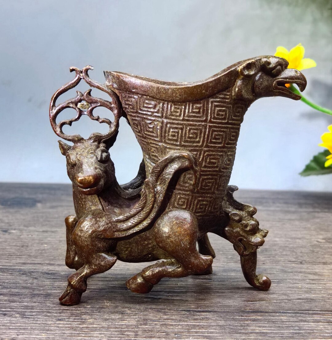 Vintage Bronze Carved Deer Cup Statue. Home Decoration & Feng Shui ...
