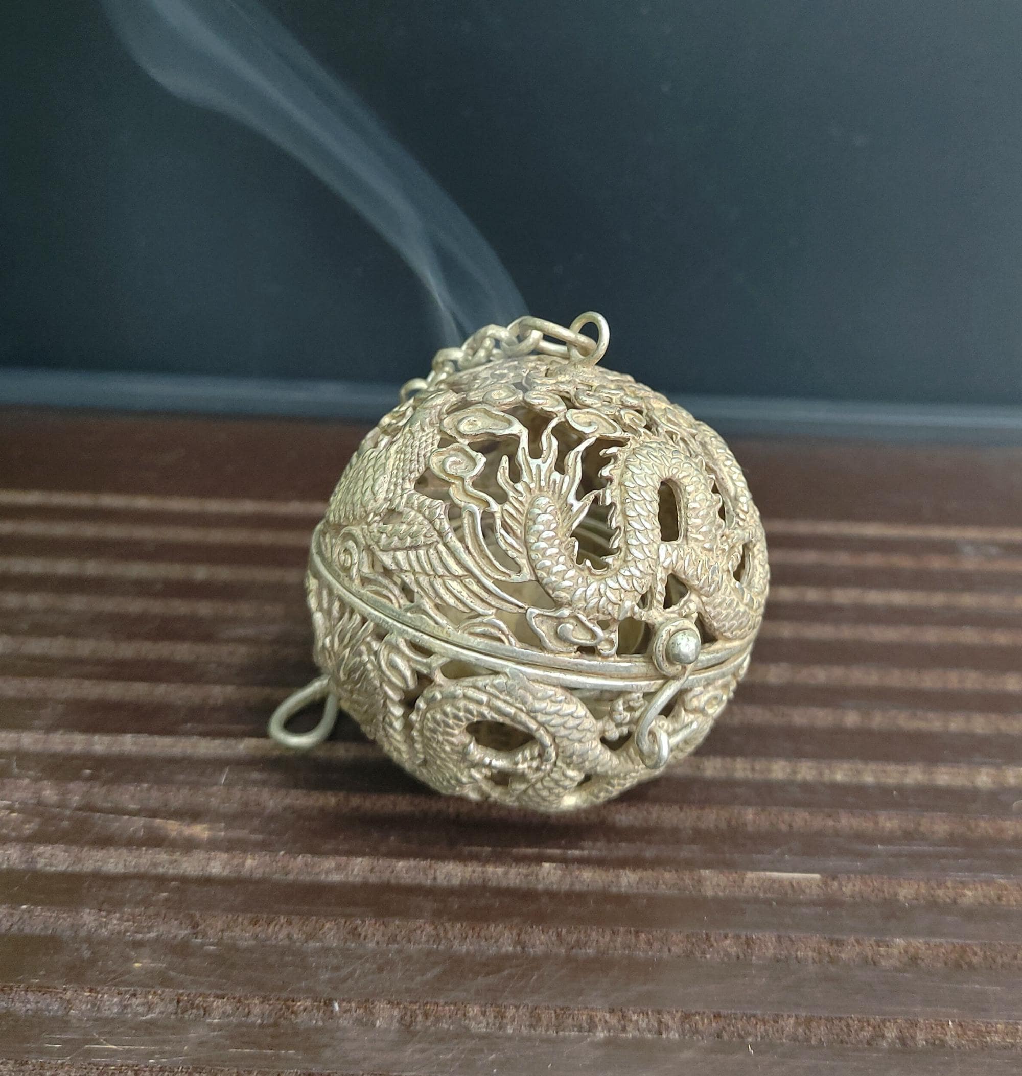 White Copper Dragon and Phoenix Aromatherapy Ball, Carved Gyro - Etsy