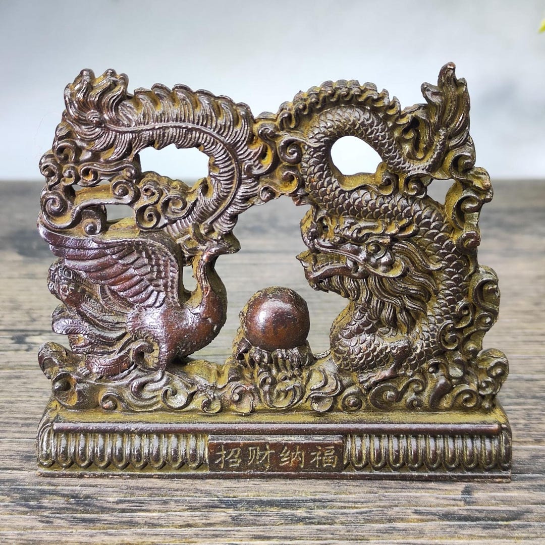 Vintage Bronze Carved Dragon Phoenix Statue. Home Decoration, Feng Shui ...