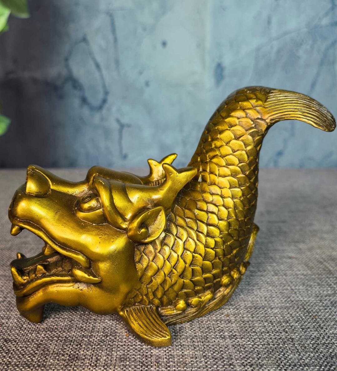 Vintage Brass Carved Dragon Fish Statue. Home Decoration & Feng Shui ...