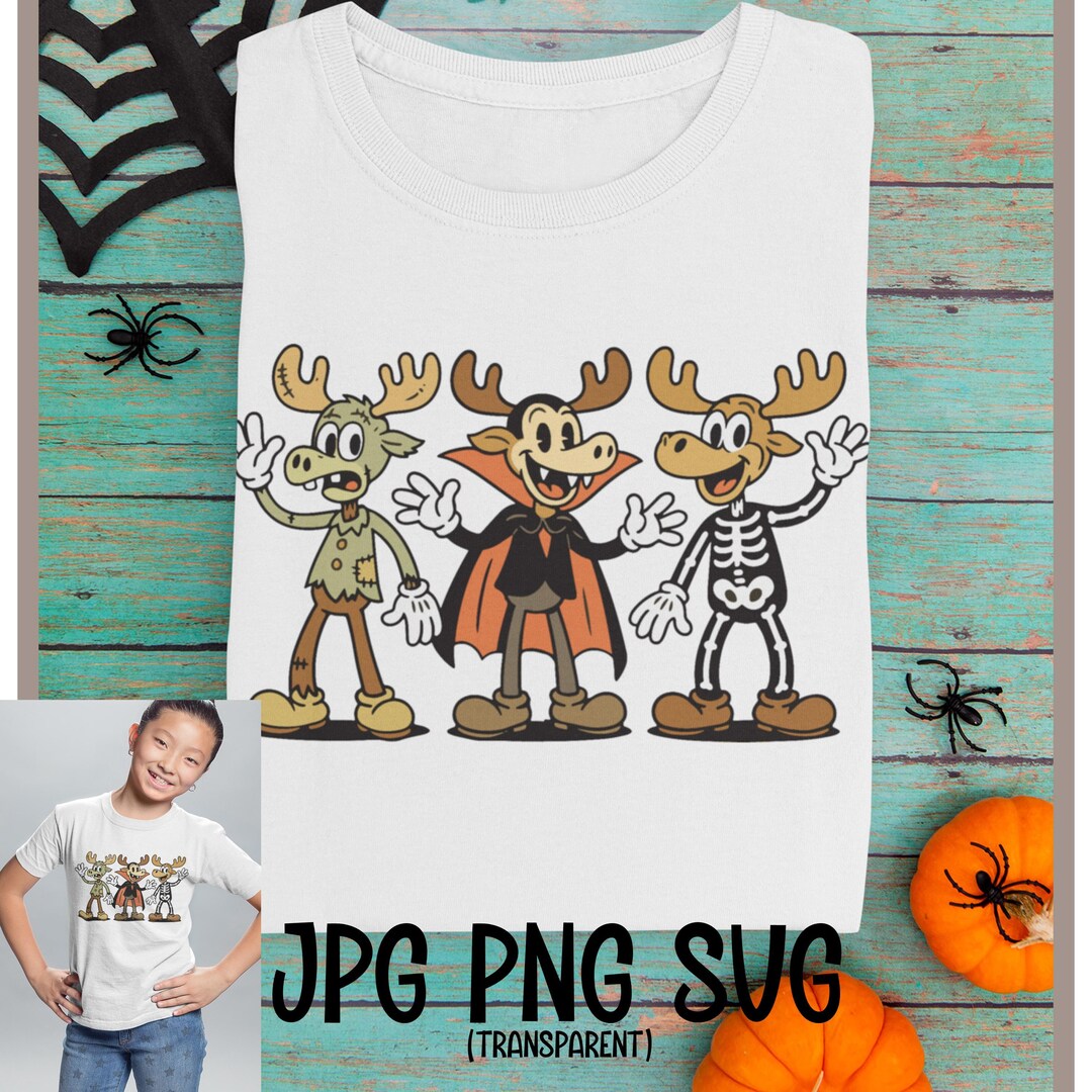 Halloween Moose DTF Digital Design | Zombie, Vampire & Skeleton Cartoon ...