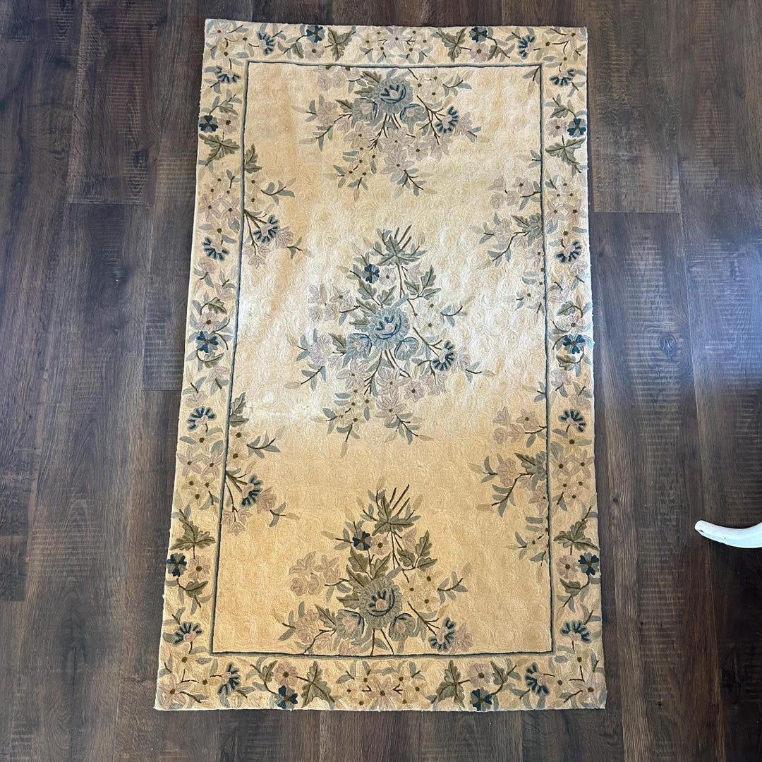 Vintage Floral Wool Rug: Beige, Sage & Blue Embroidered Tapestry - Etsy