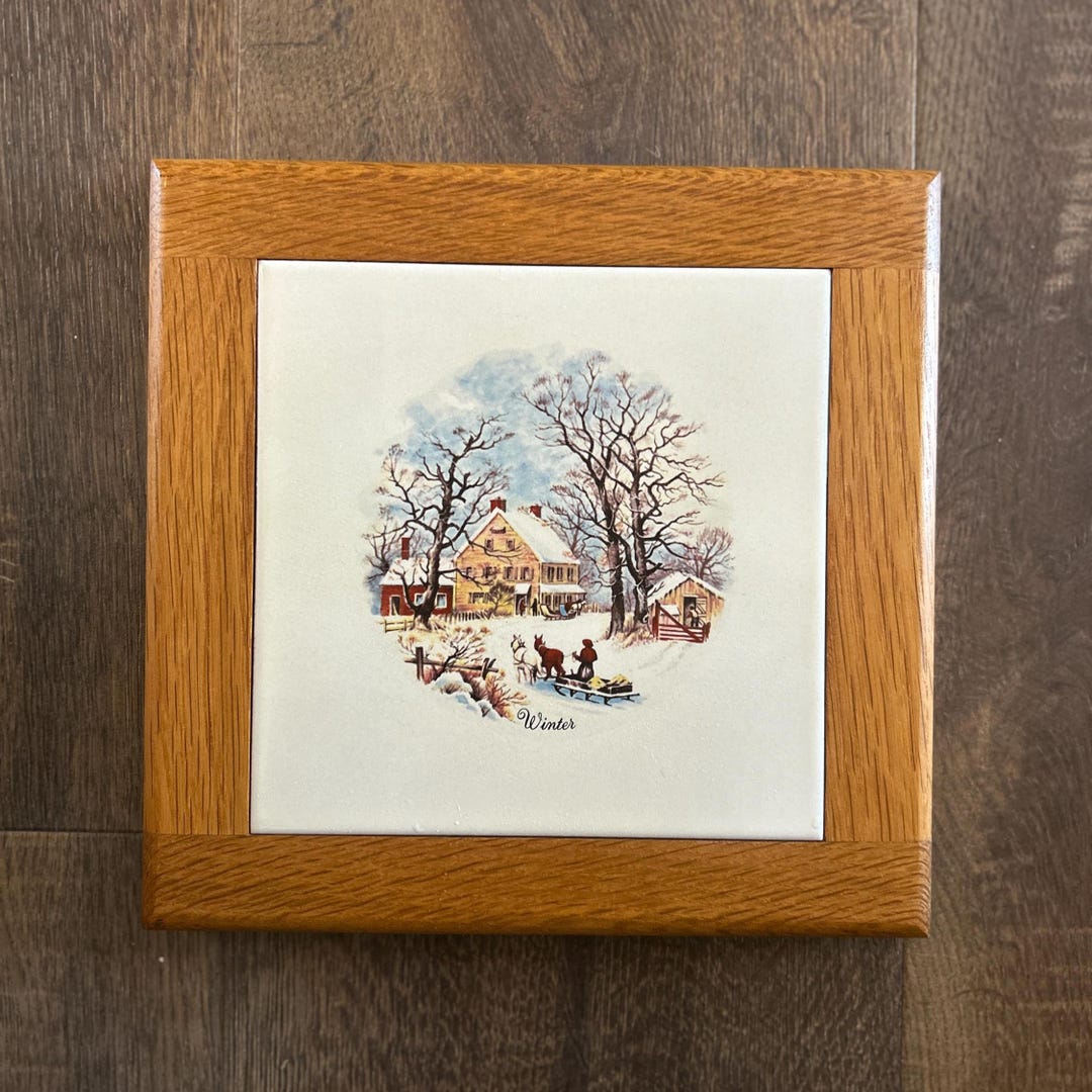 Vintage Italian Tile Trivet – Winter Farmhouse Scene, Handcrafted Oak ...