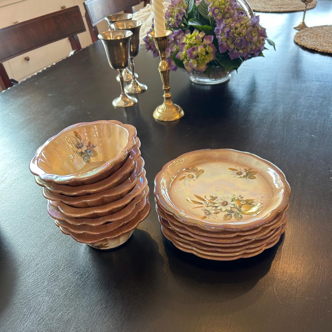 1980's Brown Lusterware Dish Set | Floral Scalloped Plates & Bowls ...