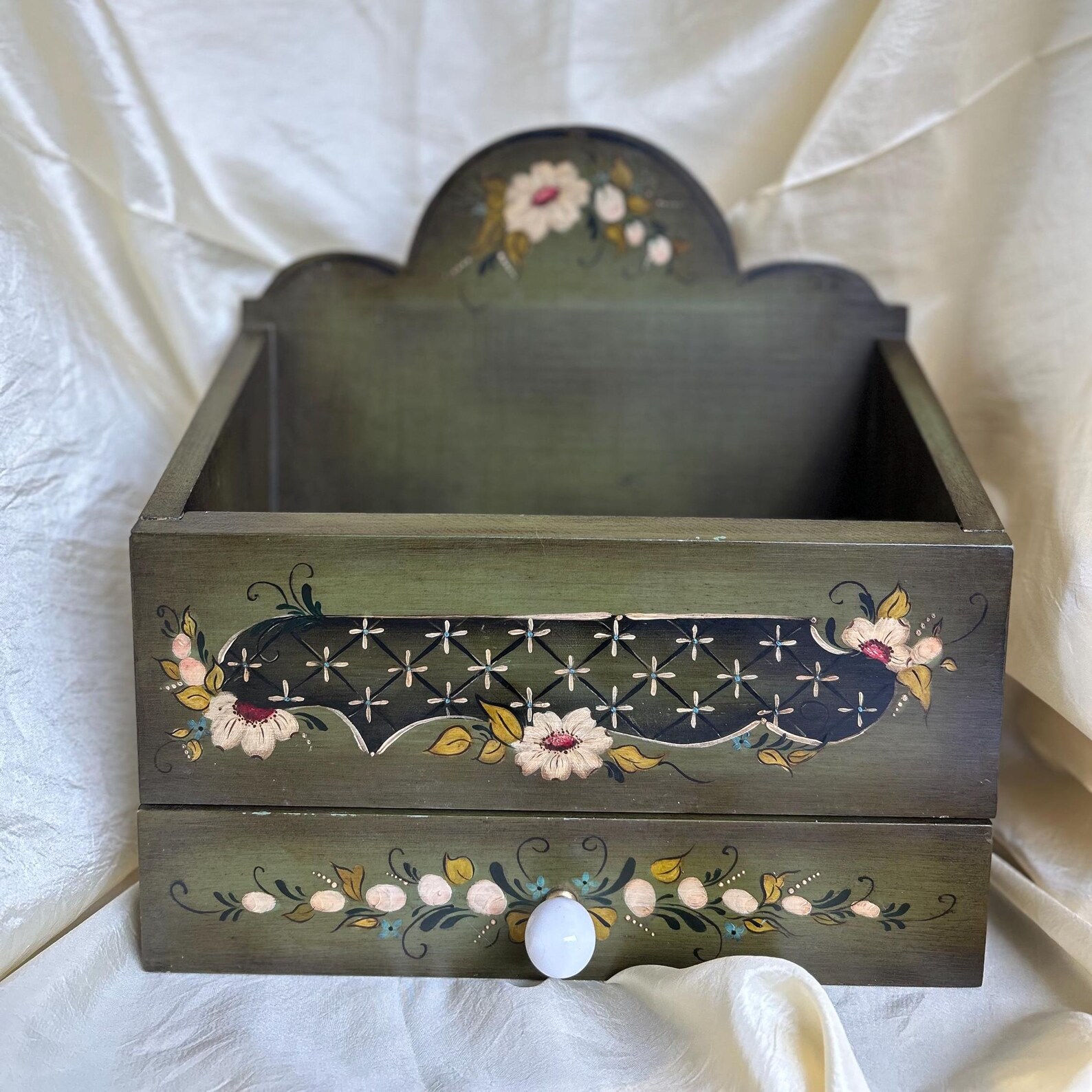 Hand-painted Wooden Wall Mail Organizer | Tole Folk Art Floral Storage ...