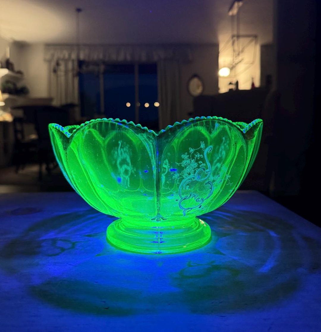 Green Uranium Glass Serving Dish, 1902 Gold Gilded Glass Bowl With a ...