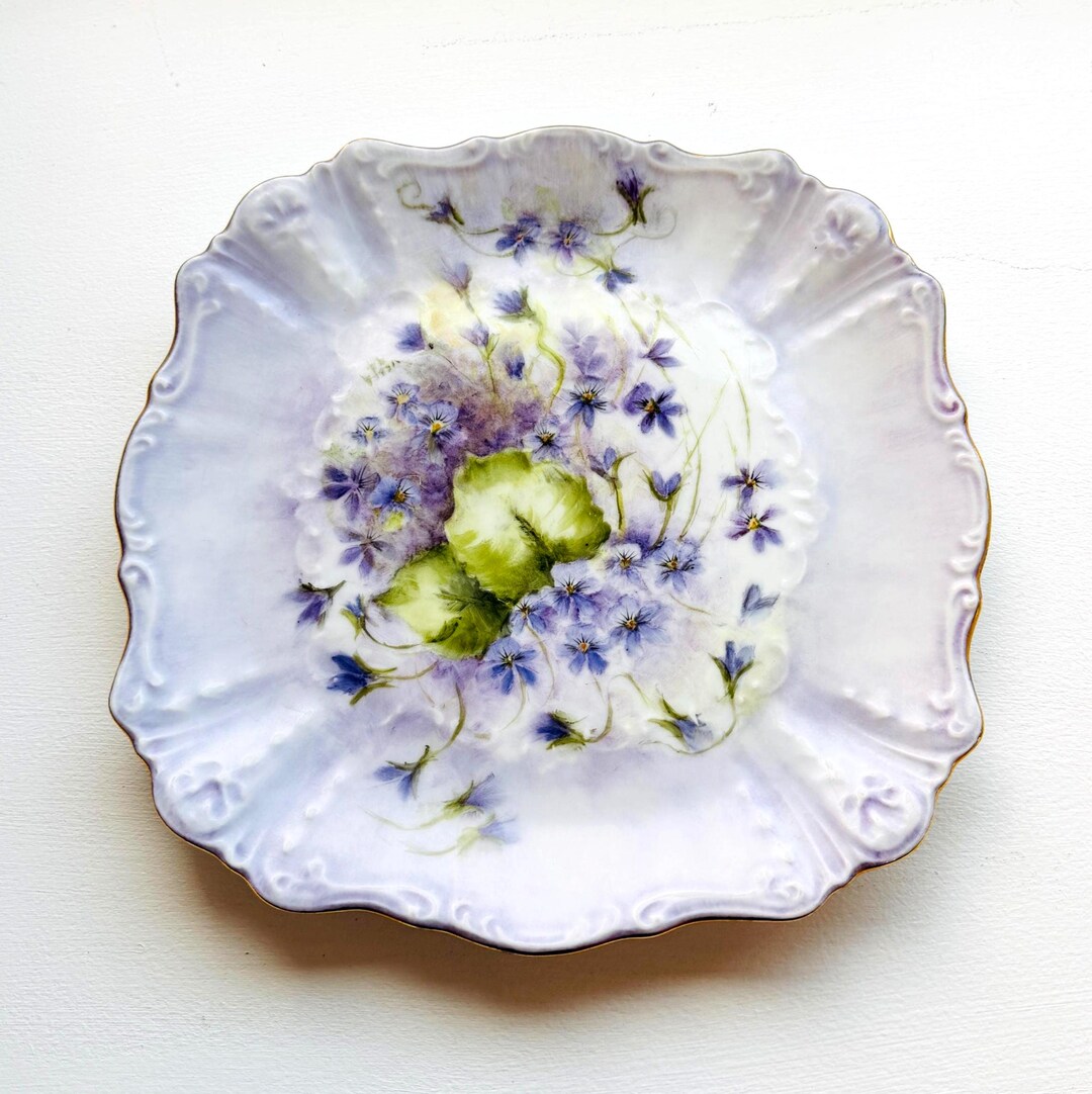Edwardian Hand Painted Violet Plate Signed Porcelain Cottage Decor ...