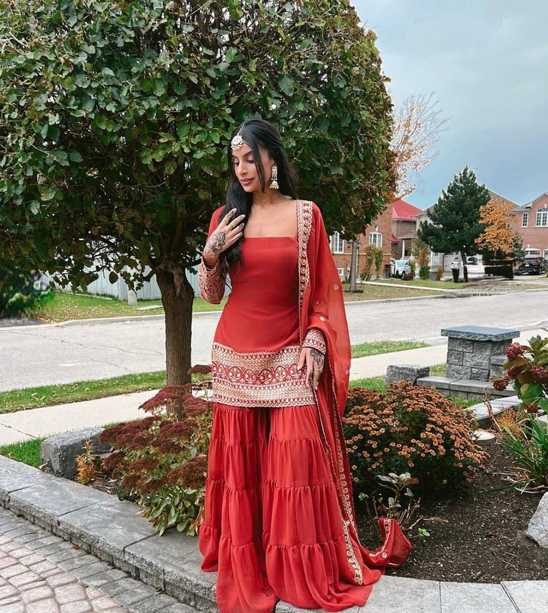 Rust Orange Pakistani Sharara Suit Georgette Full Stiched Sharara ...