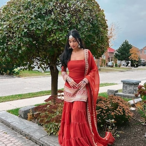 Rust Orange Pakistani Sharara Suit Georgette Full Stiched Sharara ...