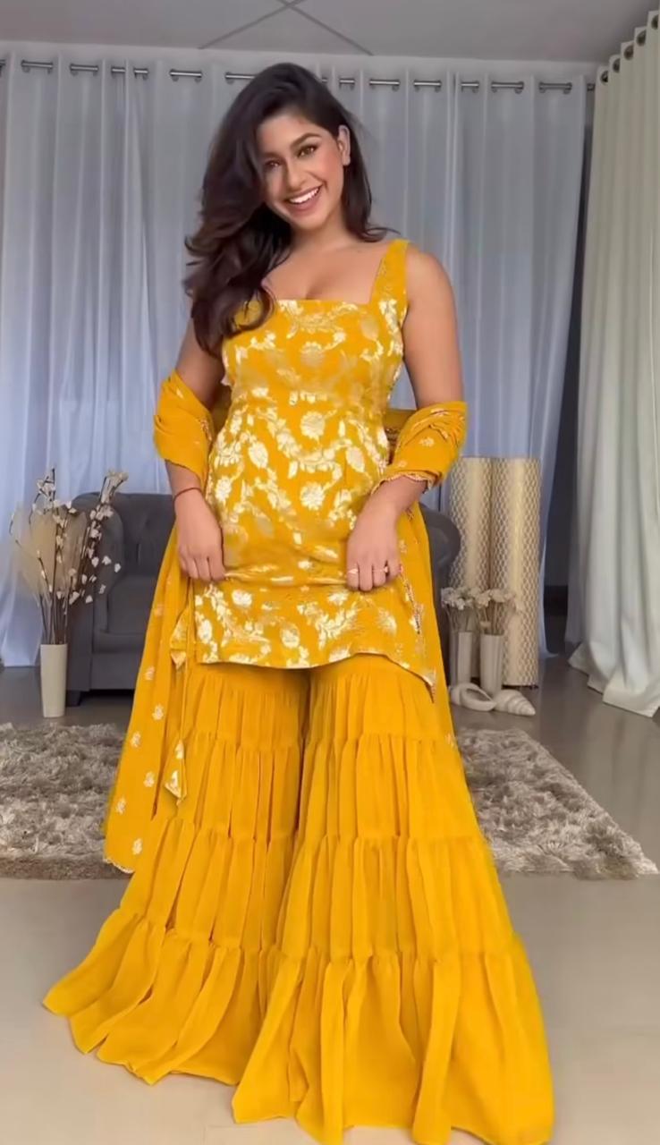 Pakistani Sharara Suit Yellow Sharara for Haldi Function Georgette ...