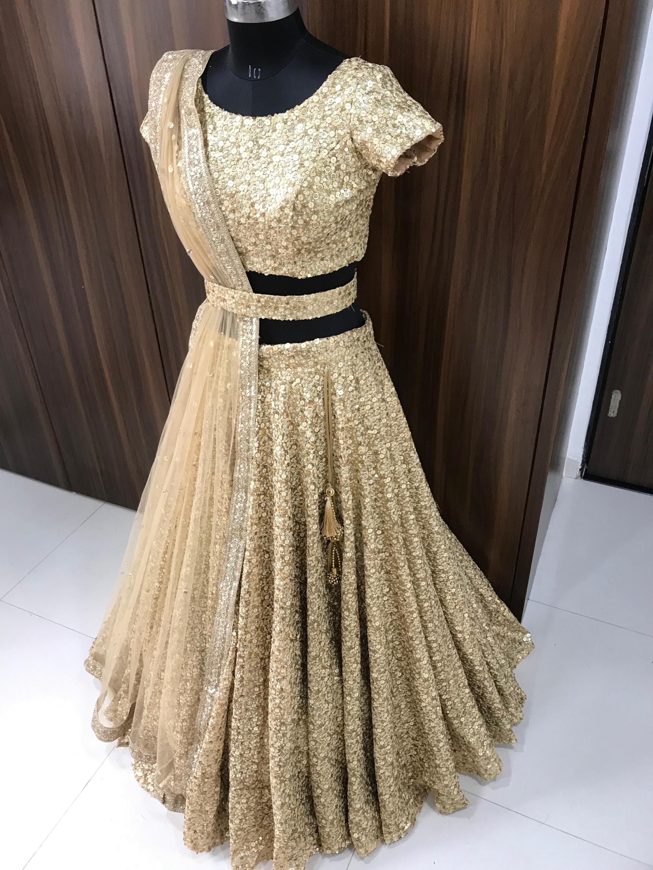 Golden Sequin Lehenga Choli: Antique Gold Bridal Outfit - Etsy