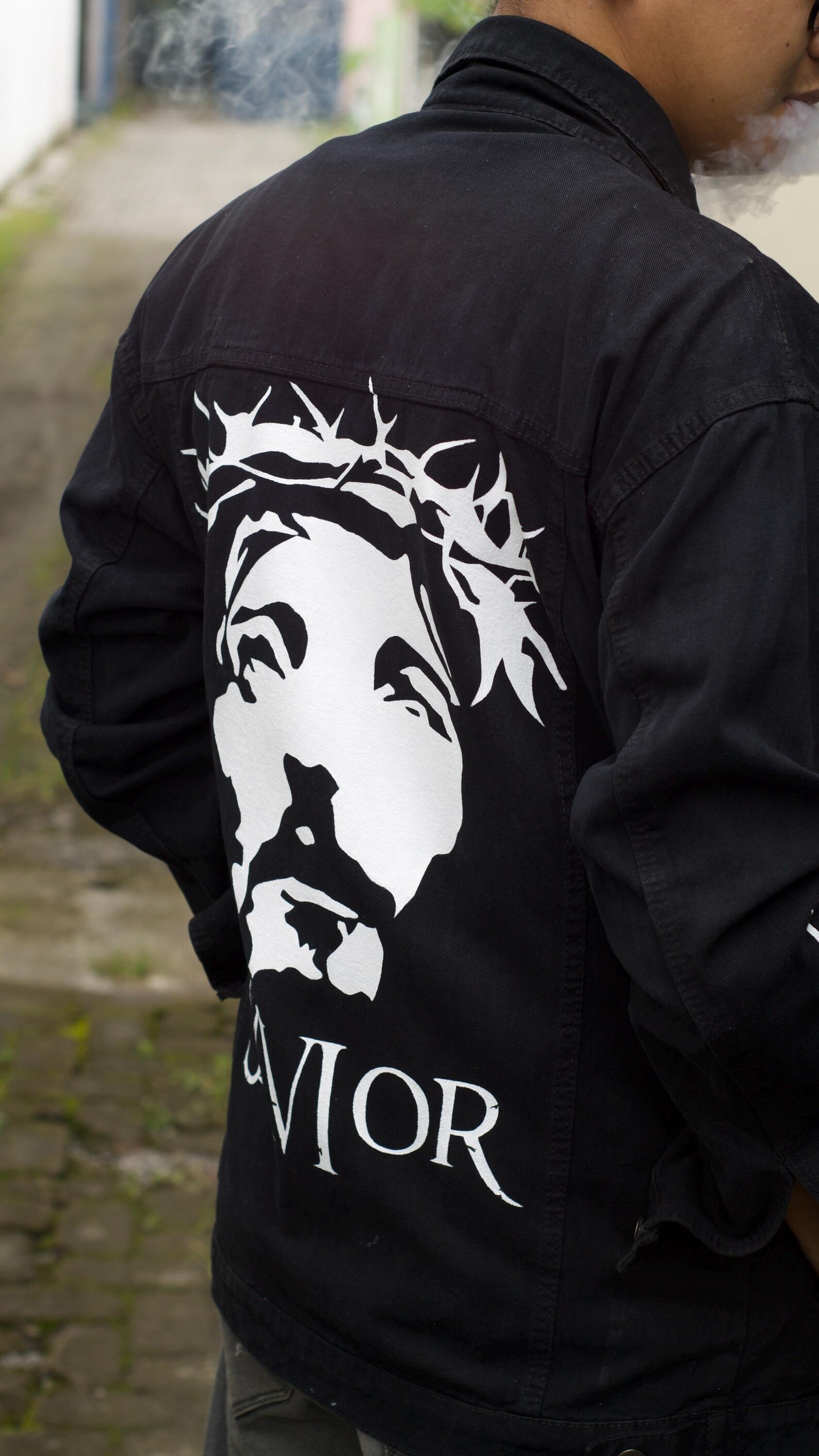 Custom Painted Denim Jacket Silhouette of Jesus Christ With Crown of ...