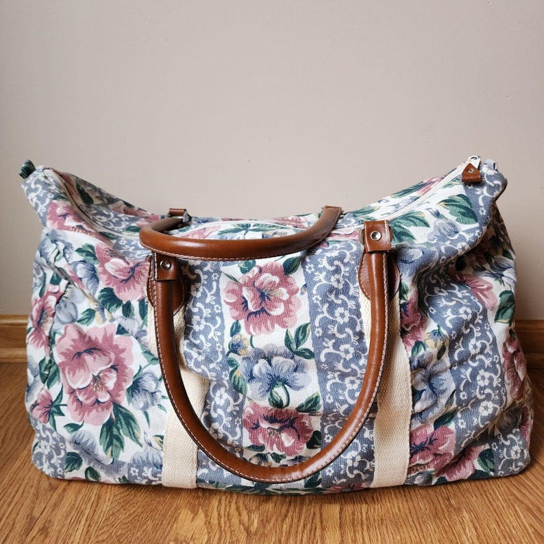 Gitano Floral Tapestry Weekender Duffle Bag With Leather Straps 90's ...