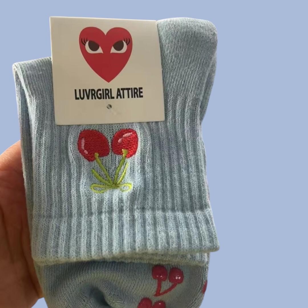Cute Cherry Pilates Socks/ Grip/ Baby Blue / Embroidery / Red / Cherry ...