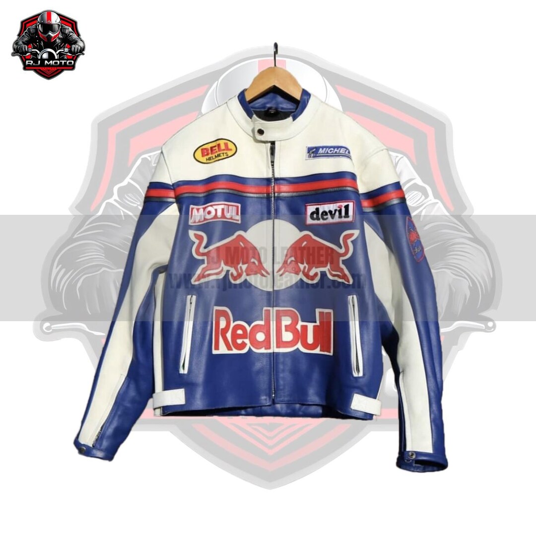 Red Bull F1 Inspired Leather Biker Jacket – Vintage Racing Style Biker ...