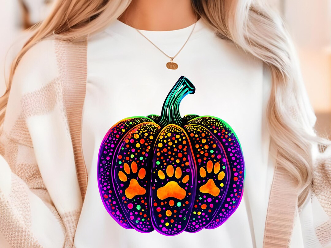 Paws Dog and Cat Pumpkin PNG Neon Watercolor Paw Prints PNG Halloween ...