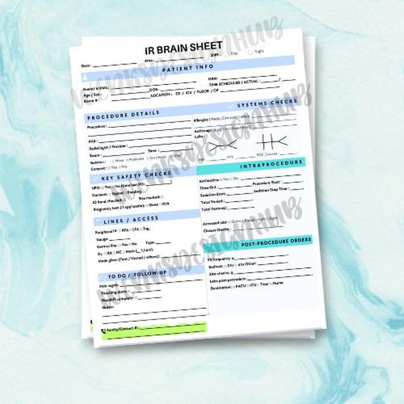 IR Nurse Brain Sheet Printable | Interventional Radiology Nursing Shift ...