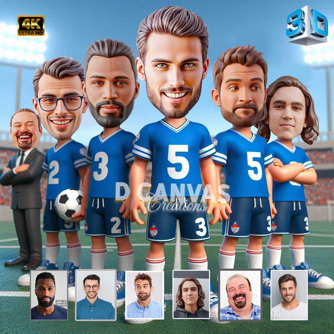 Custom 3D Caricature of 5-13 Soccer Team Players – Blue Kit With White ...