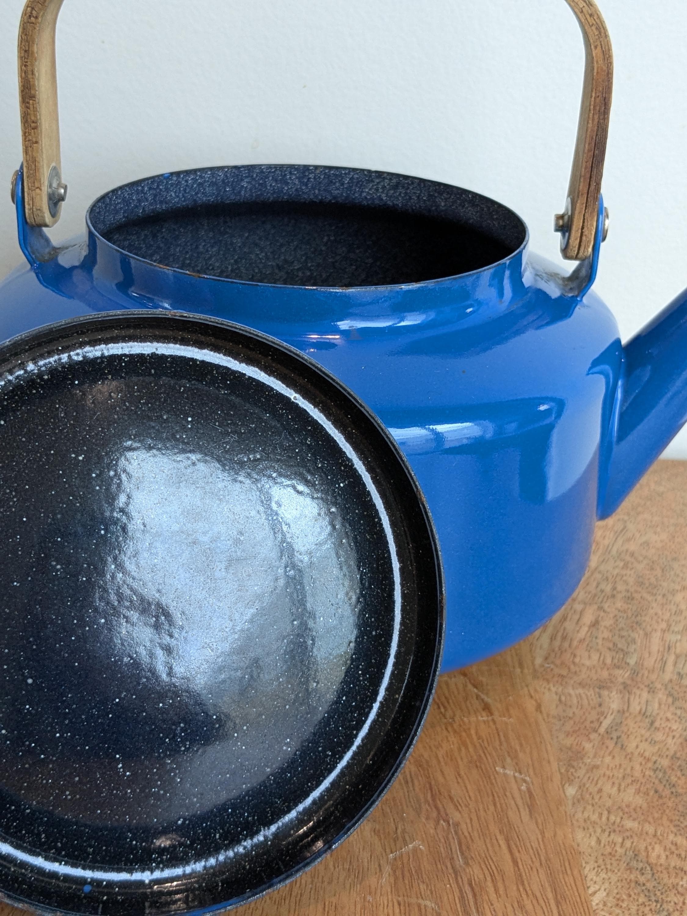 Vintage MCM Blue Enamel Kettle With Wood Handle - Etsy