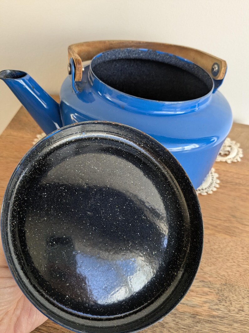 Vintage MCM Blue Enamel Kettle With Wood Handle - Etsy