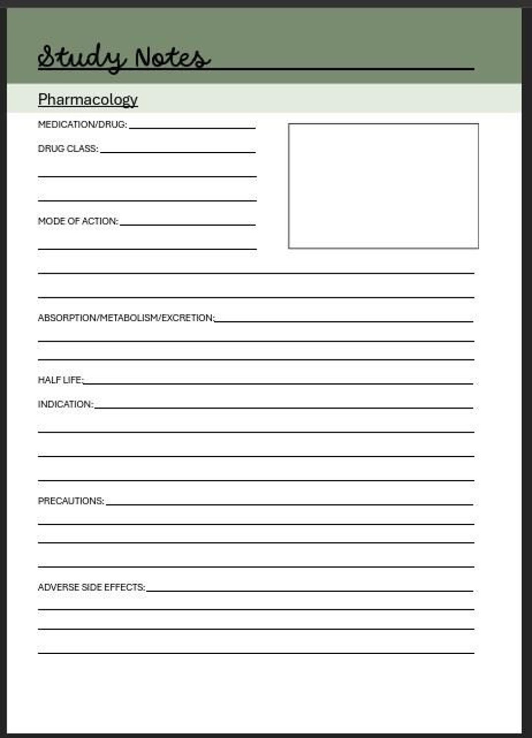 Printable Pharmacology Study Notes Green Template - Etsy