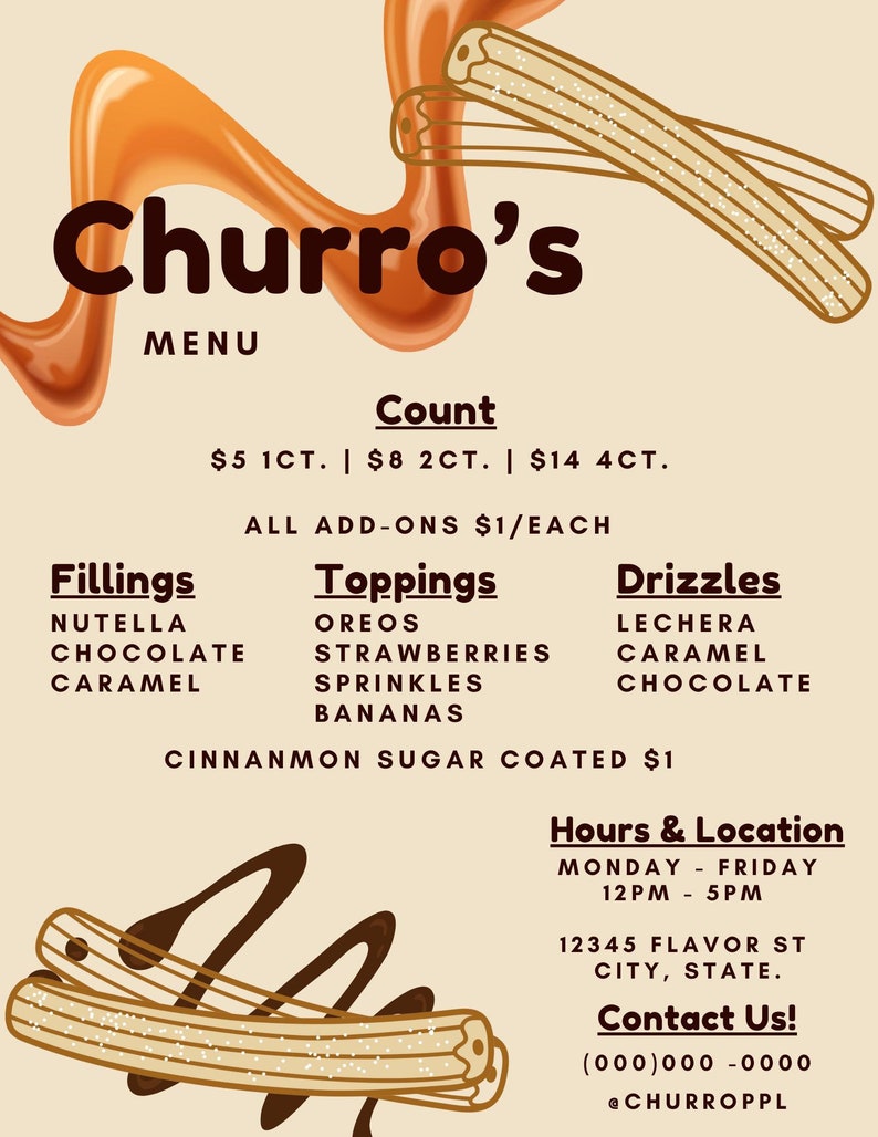 Digital Churro Menu/bakery Menu Template - Etsy