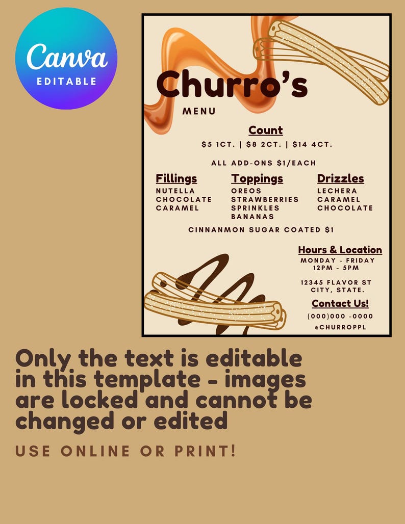 Digital Churro Menu/bakery Menu Template - Etsy