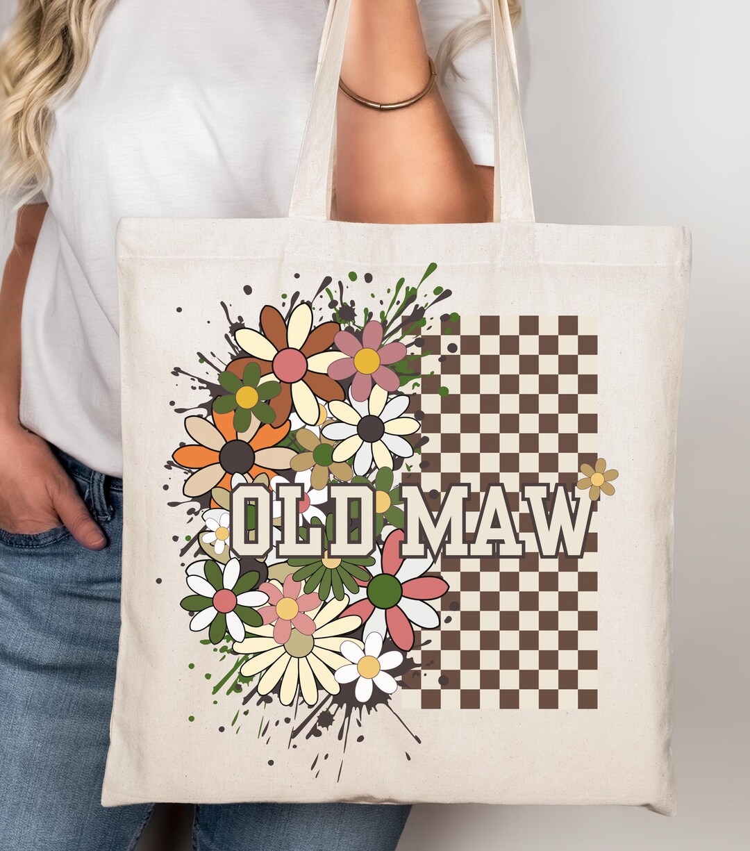 Old Maw Floral Checkerboard Tote Bag | Vintage Flower Print, Neutral ...