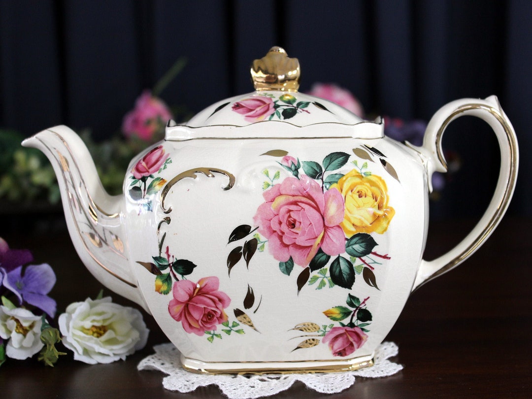 Sadler Cube Teapot, Pink & Yellow, Cabbage Roses Motif, 1930s Sadler ...