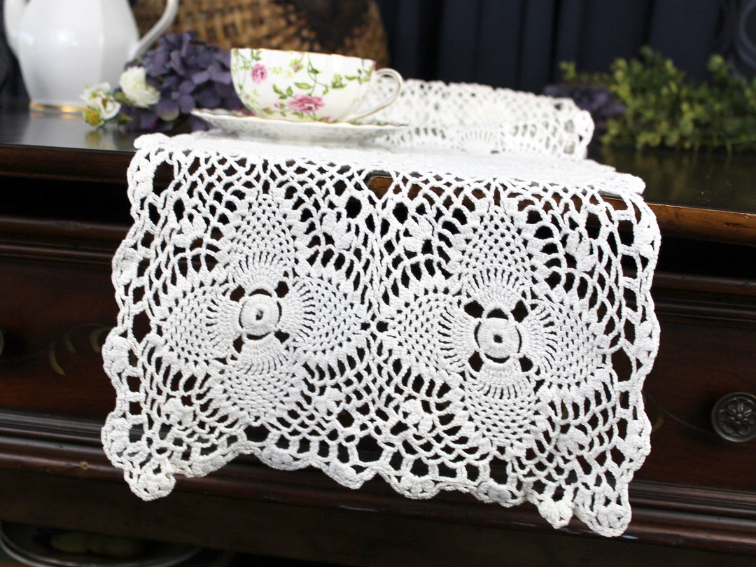 Crochet Table Runner, White Vintage Table Linens, Long White Runner ...